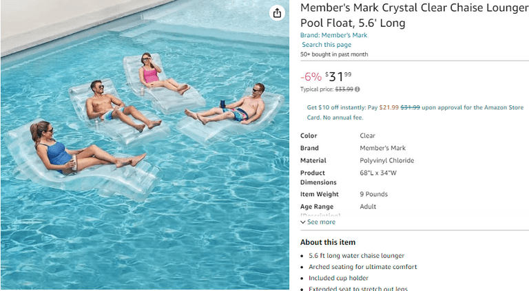 Member's Mark Crystal Clear Chaise Lounger Pool Float , Like New/Open Box - Rio Grande Trade