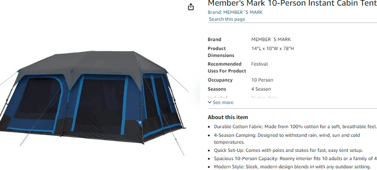 Member's Mark 10-Person Instant Cabin Tent , New/Sealed - Rio Grande Trade