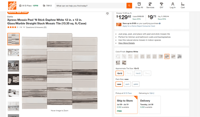 4 Cases of Daltile Xpress Mosaix Peel 'N Stick Daphne Glass/Marble Straight Stack Mosaic Tile ...