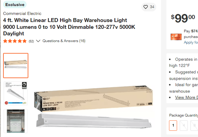 Commercial Electric 4' LED Low Bay Warehouse Light , Visually Good ...