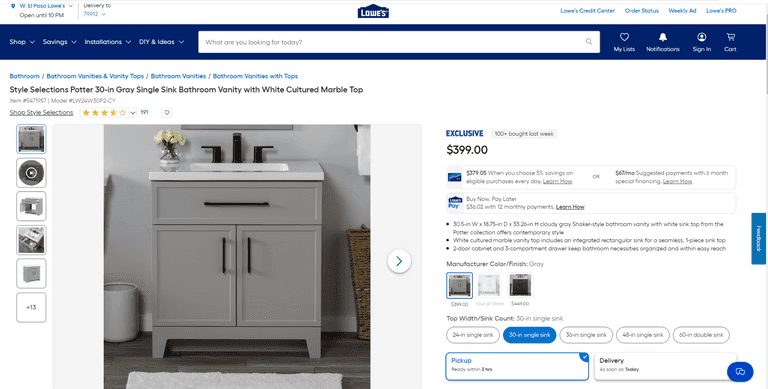 Style Selections Potter 30" Gray Single Sink Bathroom Vanity , Open Box ...