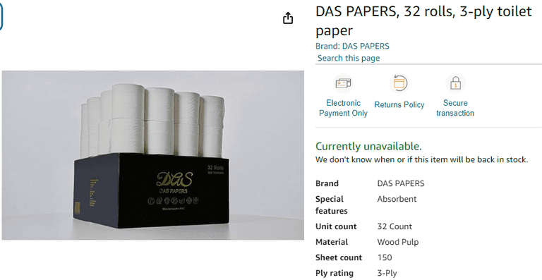 DAS PAPERS, 32 Rolls, 3-Ply Toilet Paper, Like New - Rio Grande Trade