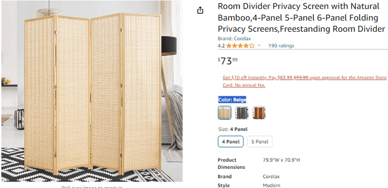 Room Divider Privacy Screen with Natural Bamboo , Open Box - Rio Grande ...