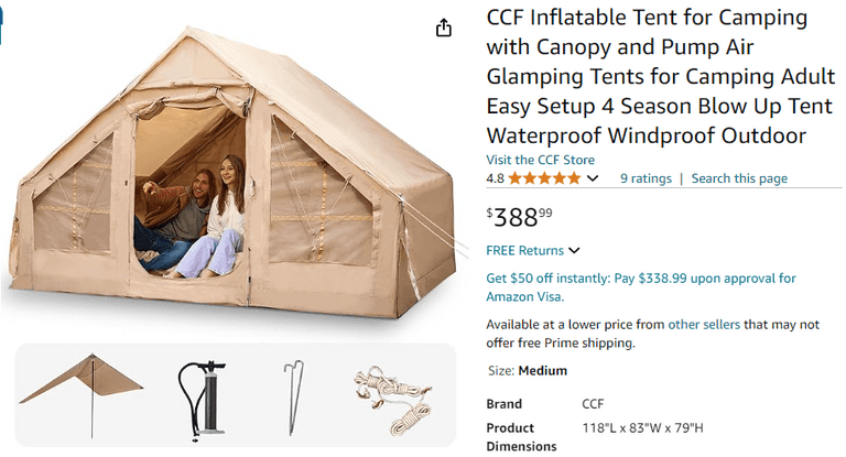 CCF Inflatable Tent 118"L x 83"W x 79"H, Like New - Rio Grande Trade