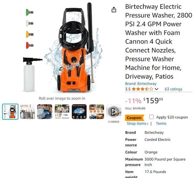 Birtechway Electric Pressure Washer, 2800 PSI 2.4 GPM, w/Foam Canon ...