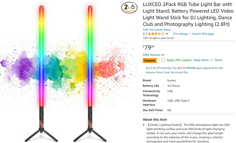 LUXCEO 2Pack RGB Tube Light Bar with Light Stand , Open Box - Rio ...