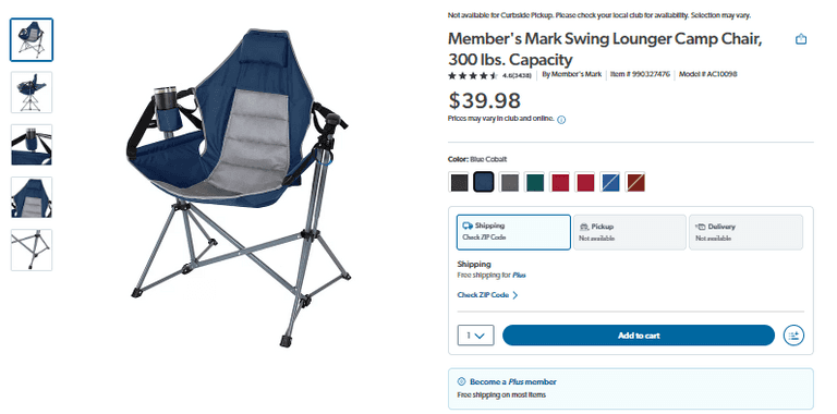 Member's Mark Swing Lounger Camp Chair, 300 lbs. Capacity, Open Box ...