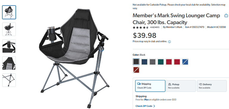 Member's Mark Swing Lounger Camp Chair, 300 lbs. Capacity, Like New ...