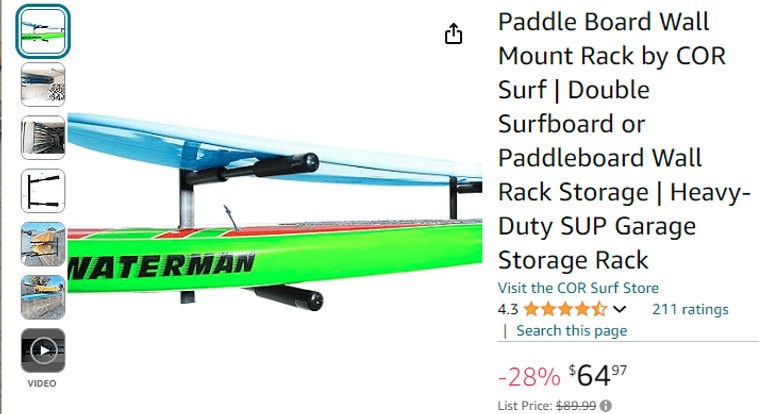 COR Surf Paddle Board Wall Mount Rack , Like New - Rio Grande Trade