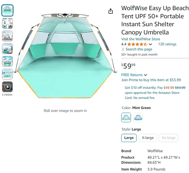 WolfWise Easy Up Beach Tent UPF 50+, Open Box - Rio Grande Trade