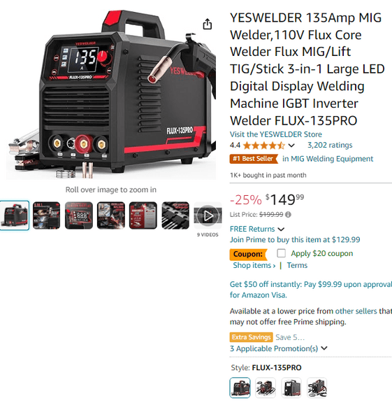 YESWELDER 135Amp MIG Welder,110V Flux Core Welder Flux MIG/Lift TIG ...