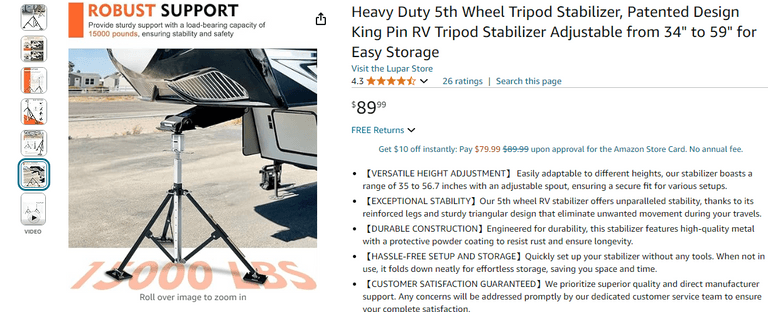 Heavy Duty 5th Wheel Tripod Stabilizer, Patented Design King Pin RV ...