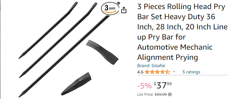 Gisafai 3 Pieces Rolling Head Pry Bar Set , Open Box - Rio Grande Trade