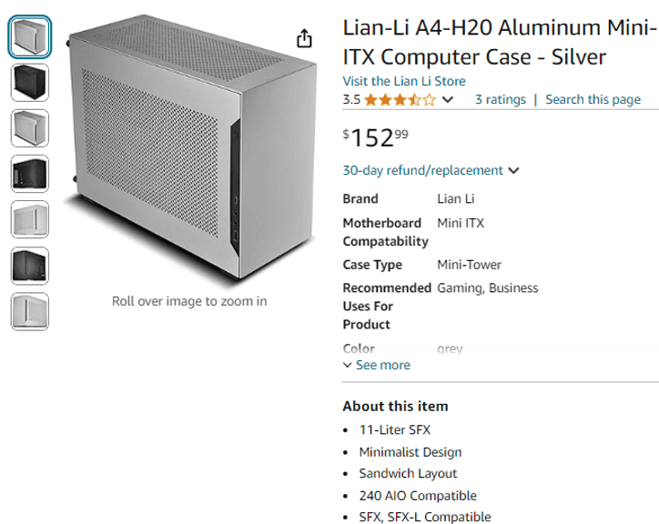 Lian-Li A4-H20 Aluminum Mini-ITX Computer Case - Silver, Like New - Rio ...