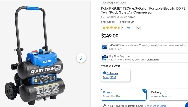 Kobalt Quiet Tech 4.3-Gallon Portable Electric 150 PSI Twin Stack Quiet ...