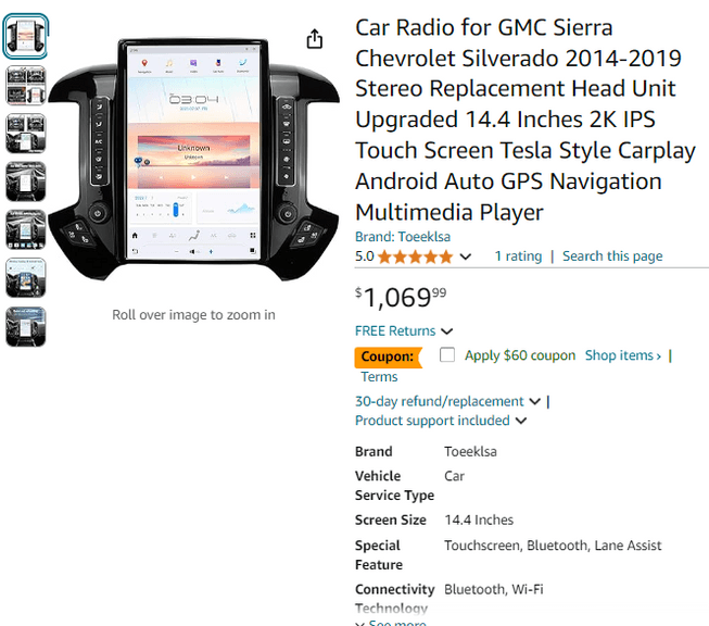 GMC Sierra Chevrolet Silverado 2014-2019 Stereo Replacement Head Unit ...