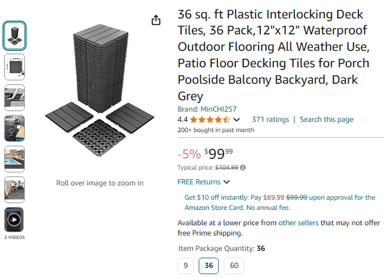 36 sq. ft Plastic Interlocking Deck Tiles, 36 Pack,12"x12" Waterproof ...