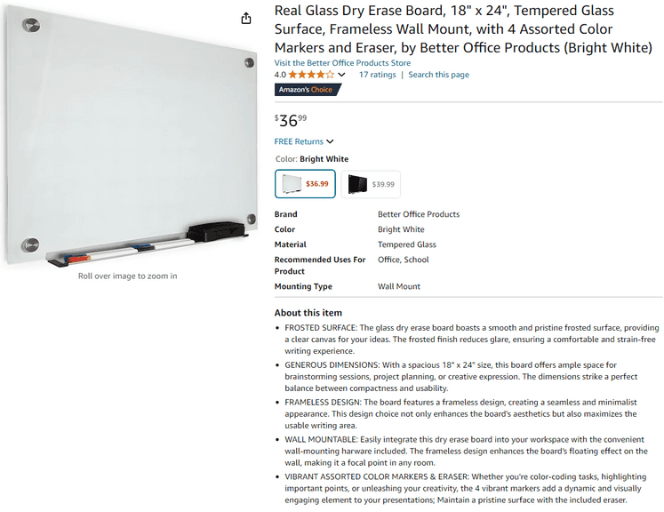 Frameless Glass Wall Board w/ Mounting Hardware, 18" x 24", Like New ...