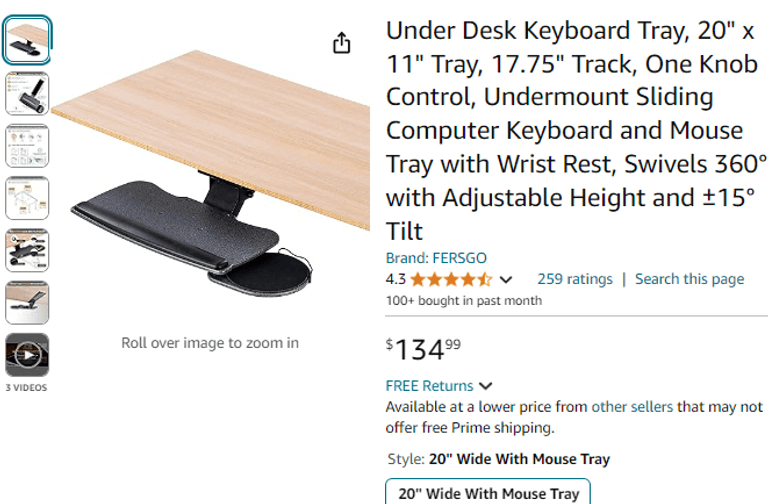 Under Desk Keyboard Tray, 20" x 11" Tray, 17.75" Track, Like New - Rio ...