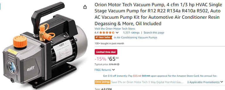 Orion Motor Tech Vacuum Pump, Open Box - Rio Grande Trade
