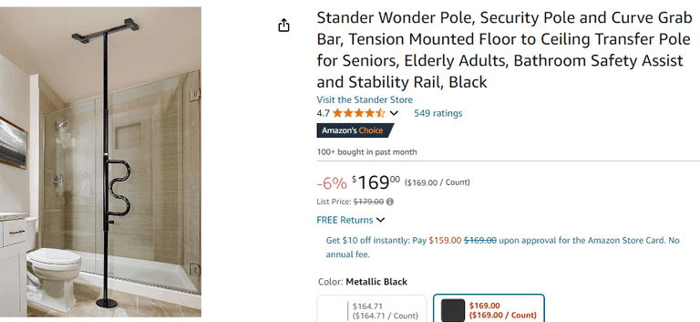Stander Wonder Security Pole & Curve Grab Bar, Like New - Rio Grande Trade