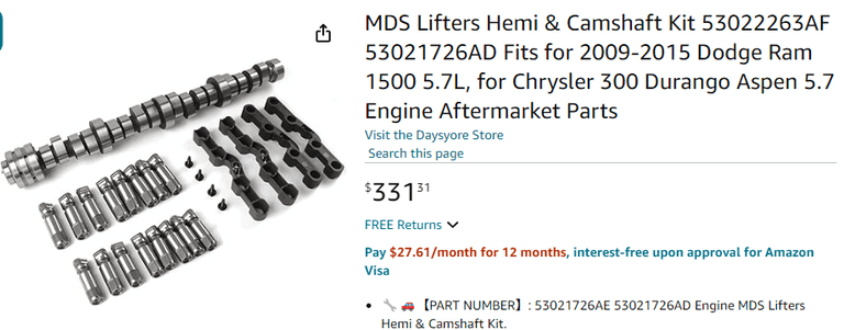MDS Lifters Hemi & Camshaft Kit 53022263AF 53021726AD Fits for 2009 ...