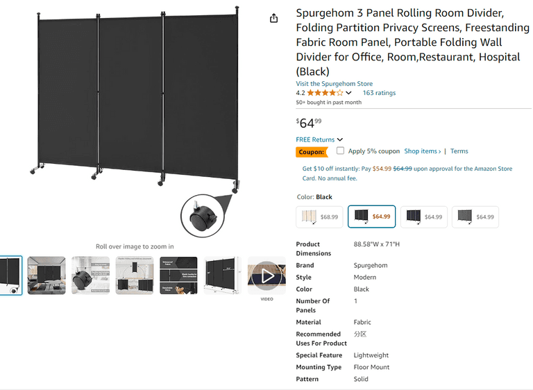 Spurgehom 3 Panel Rolling Room Divider, Like New - Rio Grande Trade