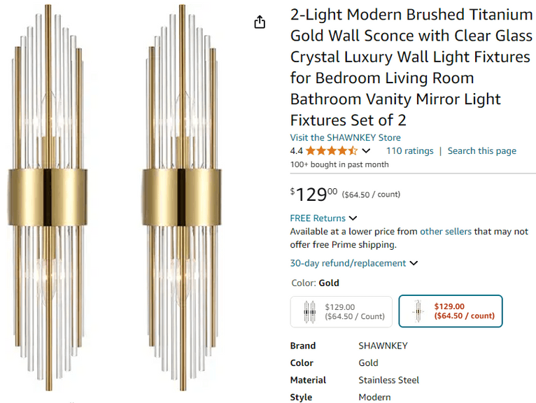 SHAWNKEY 2-Light Modern Brushed Titanium Gold Wall Sconce, Set of 2 ...