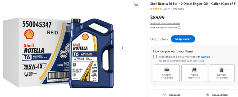 Shell Rotella T6 SAE 5W-40 Diesel Engine Oil, 3 Gallon Pack, Open Box ...
