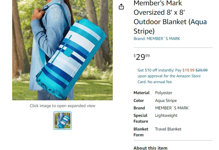 Member's Mark Oversized 8' x 8' Outdoor Blanket (Aqua Stripe), Like New ...