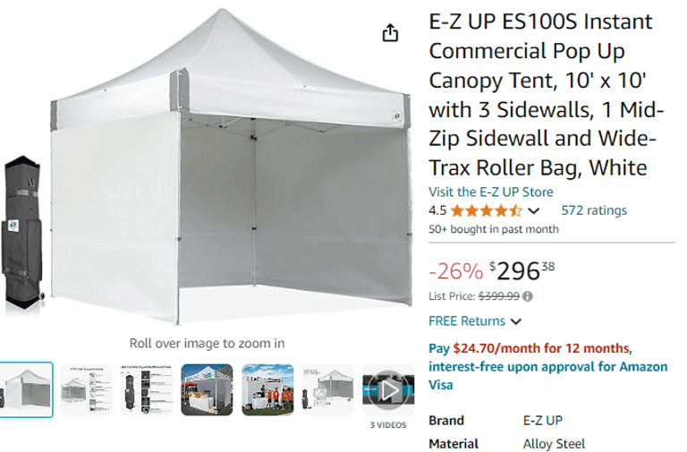 E-Z UP ES100S Instant Commercial Pop Up Canopy Tent, 10' x 10', Open ...