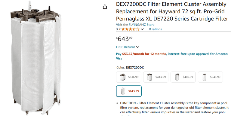 DEX7200DC Filter Element Cluster Assembly Replacement for Hayward 72 sq ...