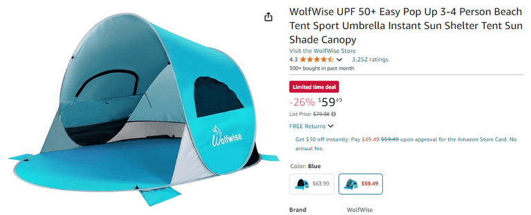 WolfWise UPF 50+ Easy Pop Up 3-4 Person Beach Tent, Like New - Rio ...