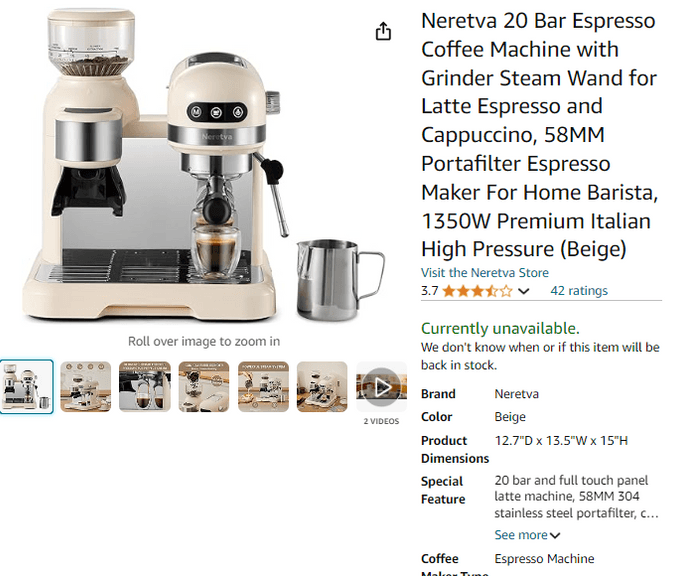 Neretva 20 Bar Espresso Coffee Machine with Grinder/Steam Wand, Open ...