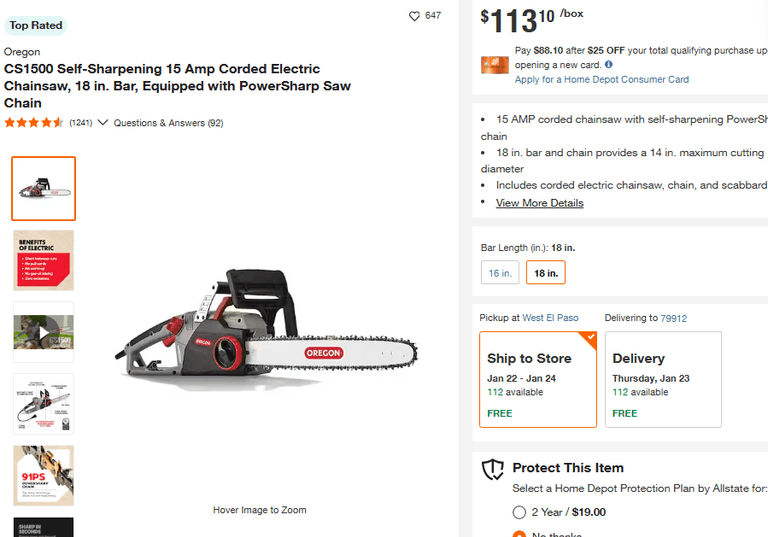 CS1500 Self-Sharpening 15 Amp Corded Electric Chainsaw, 18 in. Bar ...