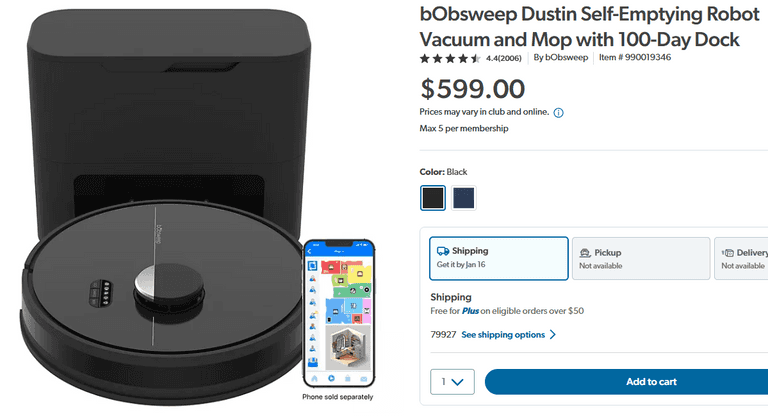 bObsweep Dustin Self-Emptying Robot Vacuum and Mop with 100-Day Dock ...