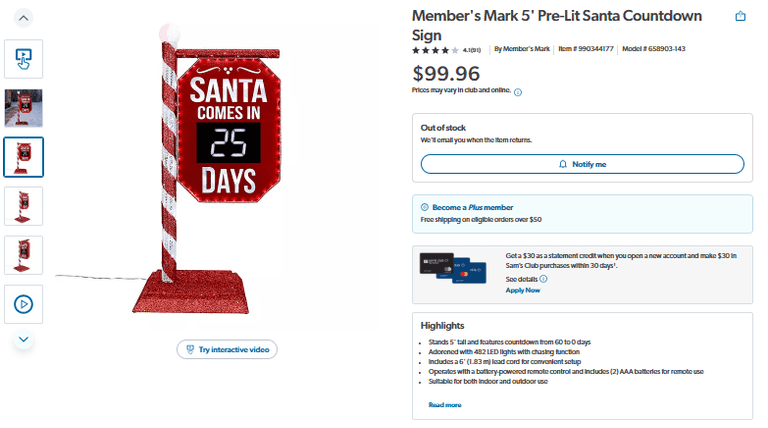Member's Mark 5' Pre-Lit Santa Countdown Sign | Open Box | (See ...