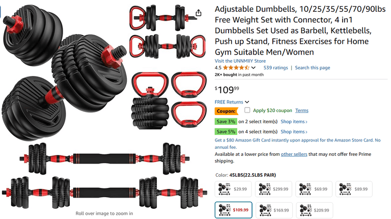 Adjustable Dumbbells, 45LBS(22.5LBS PAIR) | Open Box | (See Condition ...