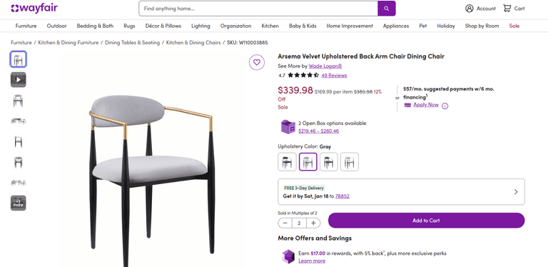 Arsema Velvet Upholstered Back Arm Dining Chair Set | Open Box - Rio ...