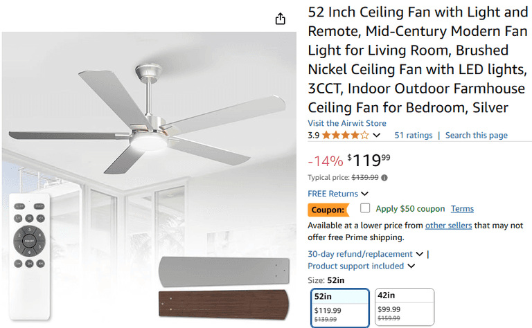 Airwit 52 Inch Ceiling Fan W/ Light & Remote | Like New - Rio Grande Trade