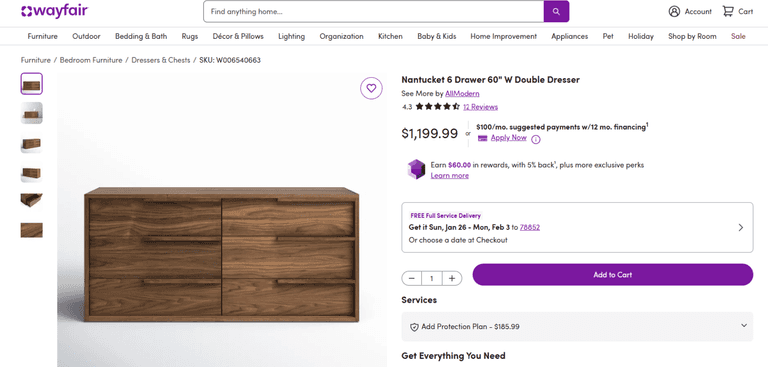 AllModern Nantucket 6-Drawer 60" Wide Double Dresser, 60" W x 29" H x ...