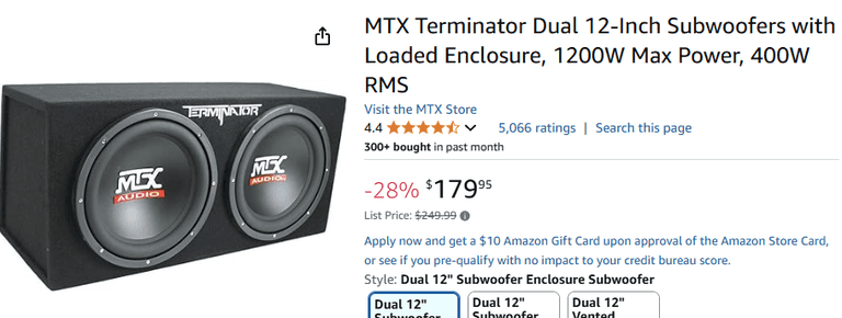 MTX Terminator Dual 12-Inch Subwoofers with Loaded Enclosure, 1200W Max Power, 400W RMS | Like ...