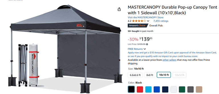 MASTERCANOPY Durable Pop-up Canopy Tent w/ 1 Sidewall, 10'x10', Black ...