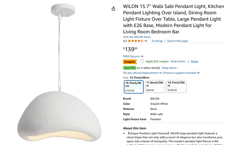 WILLON 15.7" Wabi Sabi Pendant Light | Like New - Rio Grande Trade