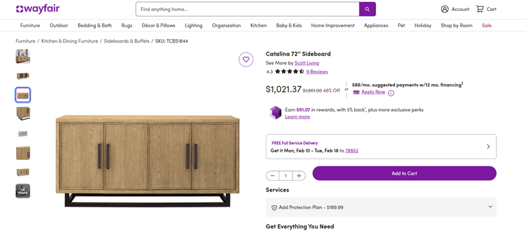Scott Living Catalina 72'' Sideboard, 72" W x 36 " H x 19" D | Open Box ...