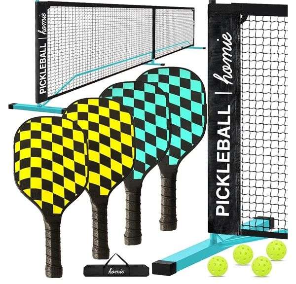 HOMIE Portable Pickleball Net Set w/ 4 Paddles & Balls, 22' | Open Box ...