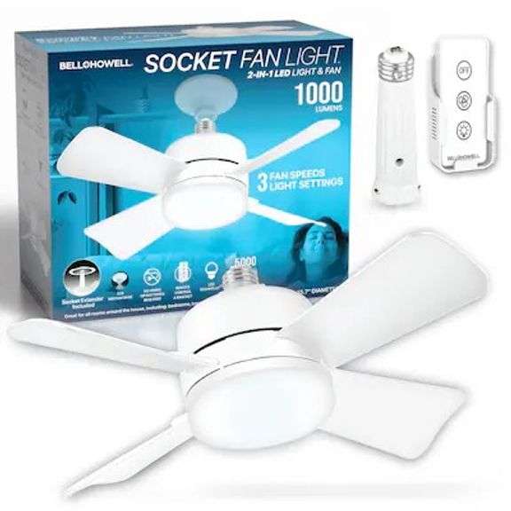 BELL+HOWELL Socket Fa Light 2-in-1 LED Light & Fan | Open Box | (See ...