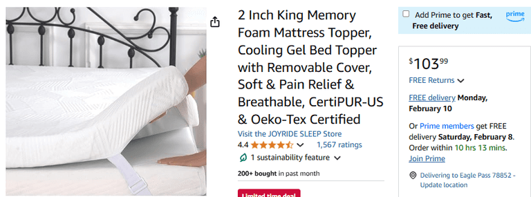 Joyride 2 Inch King Mattress Topper | Open Box | (See Condition Notes ...