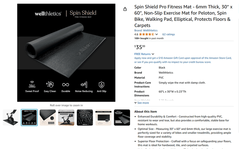 Spin Shield Pro Fitness Mat - 6mm Thick, 30” x 60”, Non-Slip Exercise Mat for Peloton, Spin Bike ...