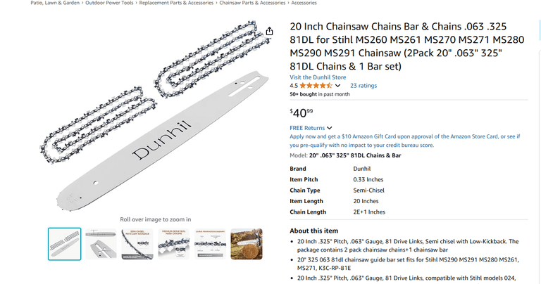 20 Inch Chainsaw Chains Bar & Chains .063 .325 81DL for Stihl MS260 ...